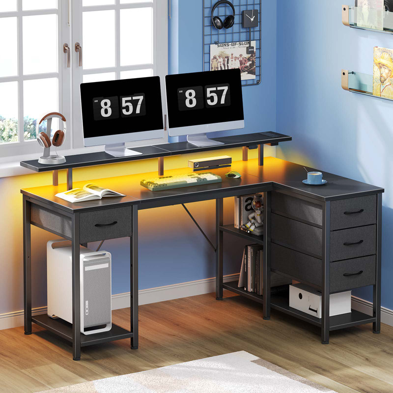 Inbox Zero L Shaped Desk with Monitor Stand and Drawers Gaming Desk with RGB LED Lights Power Outlets Reviews Wayfair